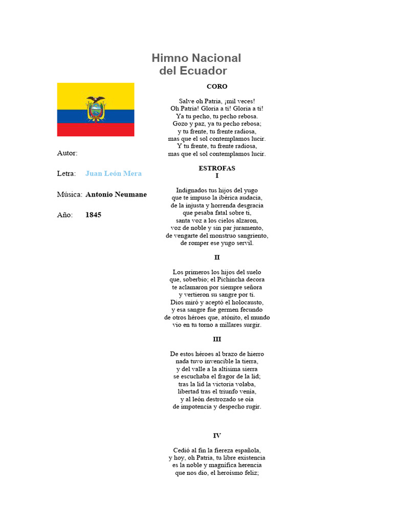 Himno Nacional Del Ecuador | PDF | Canciones institucionales | Ecuador