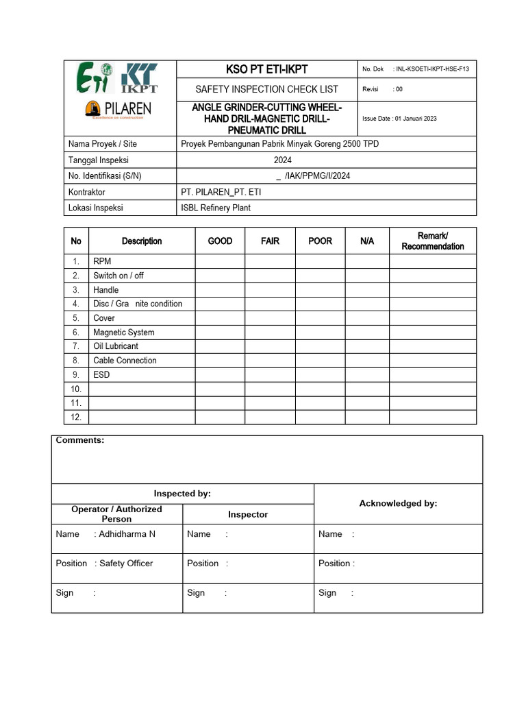 004-Inspection Form-ETI-IKPT-HSE-Grinder-Driller | PDF