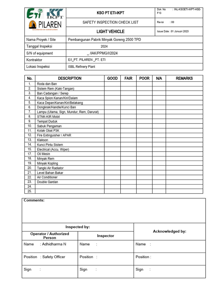 005 Inspection Form ETI IKPT HSE Light Vehicle | PDF