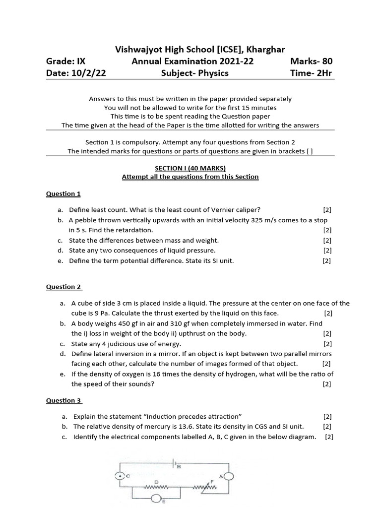 GR 9 ICSE Final Exam Question Paper Physics | PDF | Force | Density