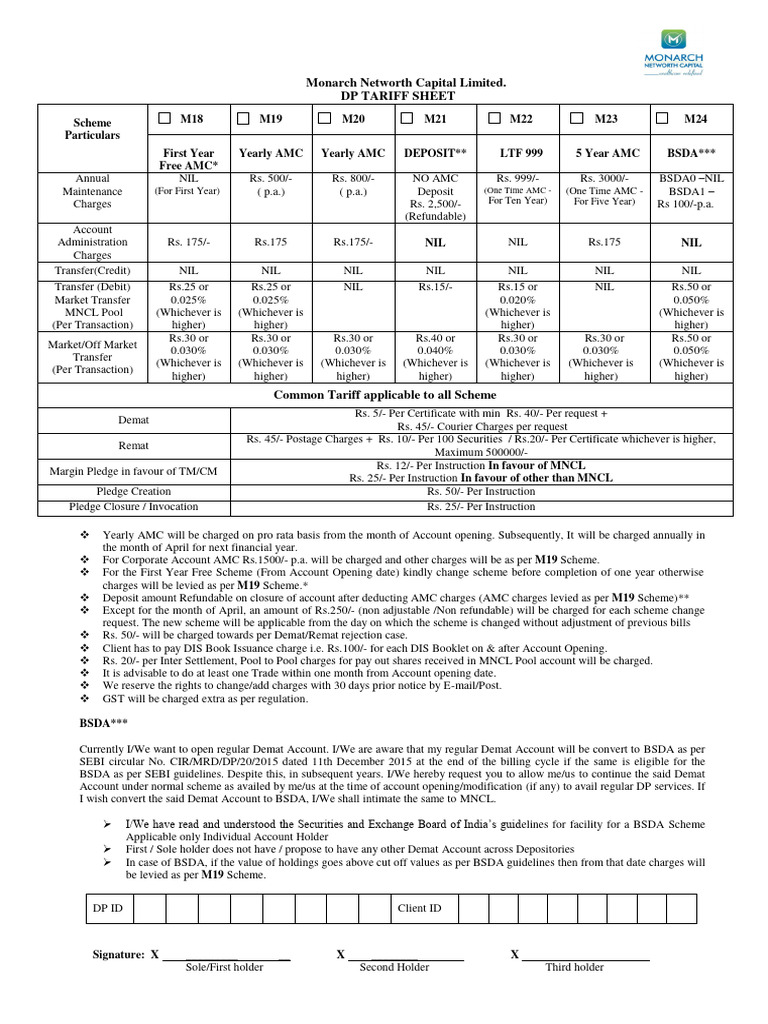 MNCL New Tariff Sheet October 2020 | PDF