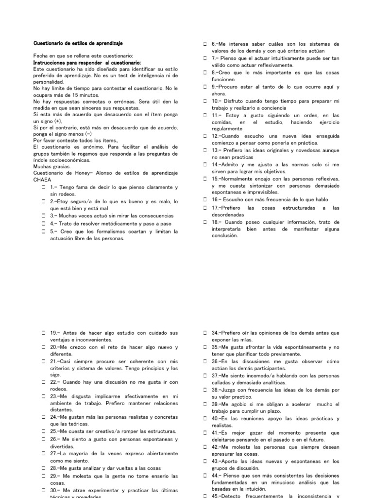 Cuestionario de Estilos de Aprendizaje | PDF | Cuestionario | Aprendizaje
