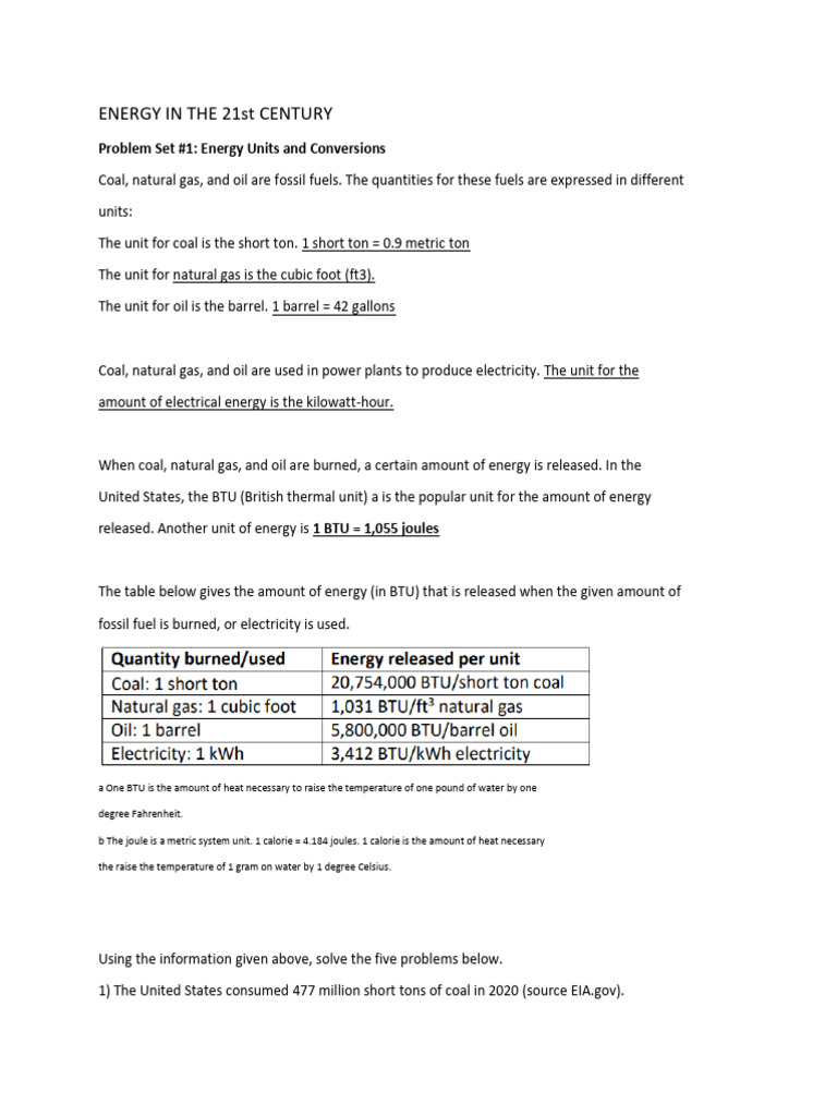 ENERGY IN THE 21st CENTURY Problem Set 1 Energy Units and Conversions ...