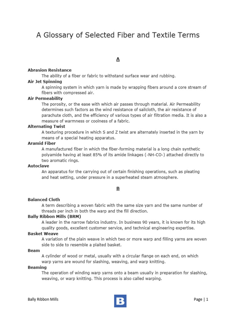 Bally Ribbon Mills Glossary of Textile Terms | PDF | Yarn | Textiles