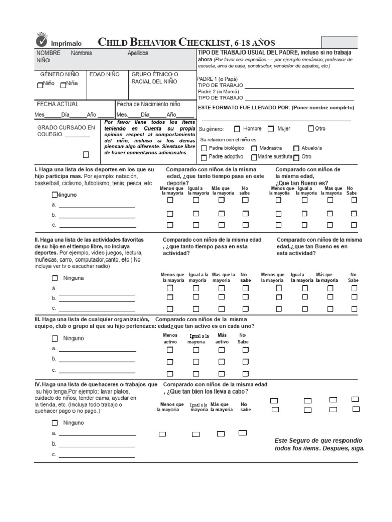 Child Behavior Checklist Completo Espano | PDF