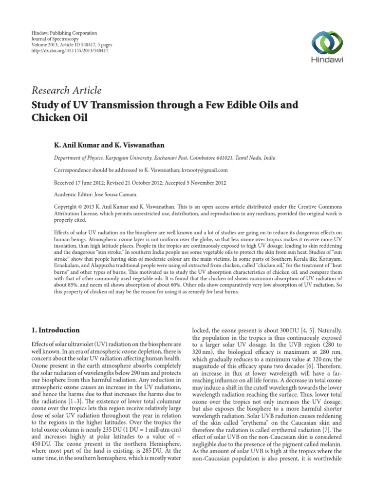 Study of UV Transmission Through A Few Edible Oils and Checken Oil | PDF | Ultraviolet–Visible ...