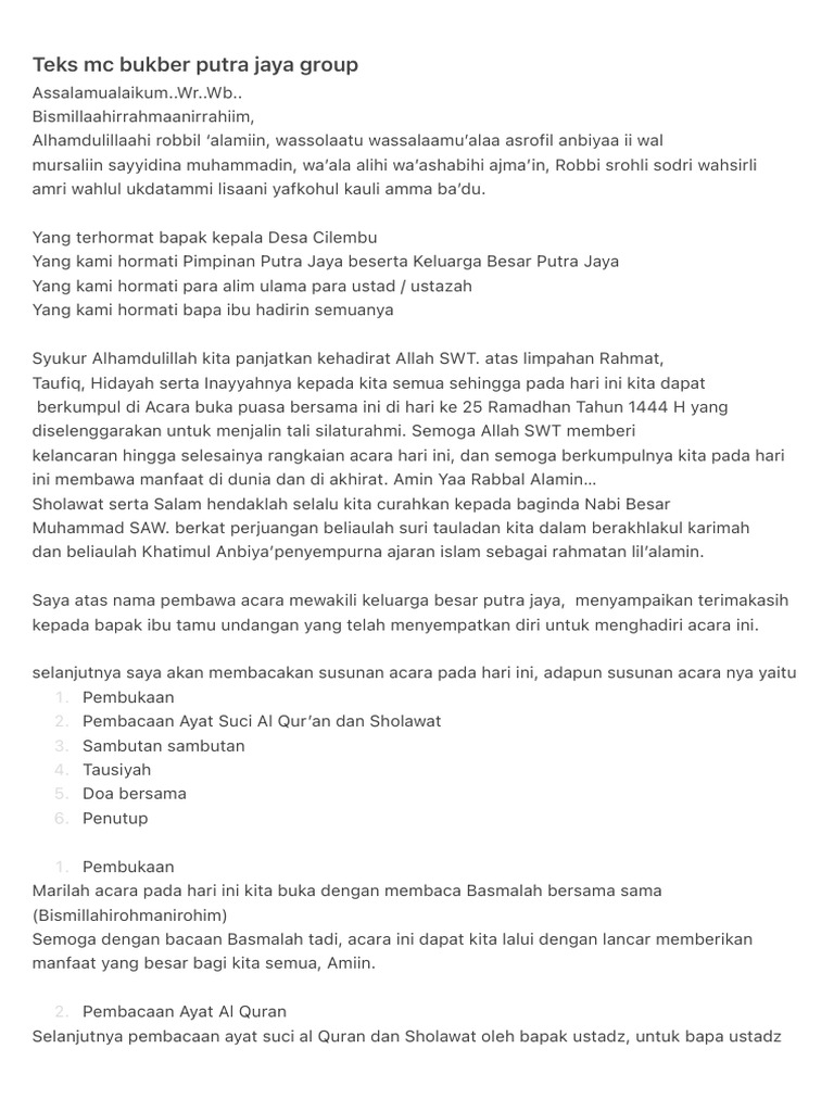 Teks MC Bukber Putra Jaya Group | PDF | Kajian Bahasa Asing | Agama ...