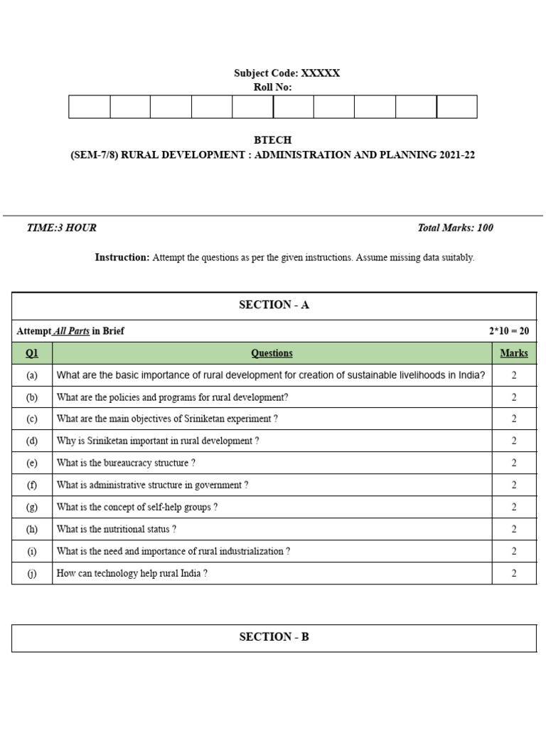 RURAL DEVELOPMENT - ADMINISTRATION AND PLANNING (Question Paper 21-22 ...