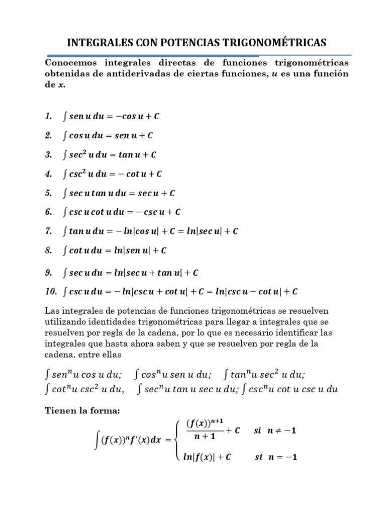 10 Integrales de Potencias Trigonométricas | PDF | Integral | Cálculo