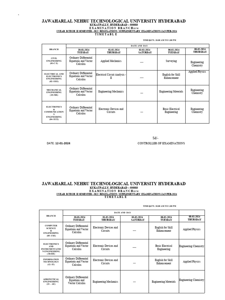 JNTUH B.Tech II Sem R22 Supplementary Exam Timetable Jan/Feb 2024 | PDF ...