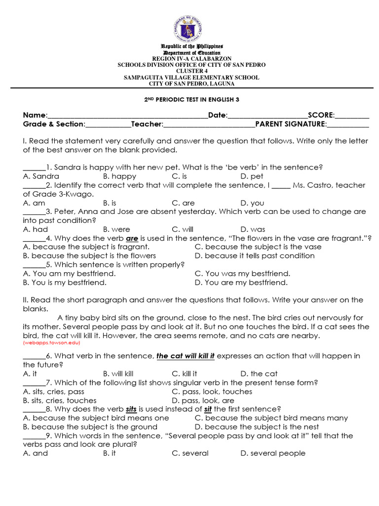 2nd PERIODIC-TEST ENGLISH3 | PDF | Grammatical Tense | Verb