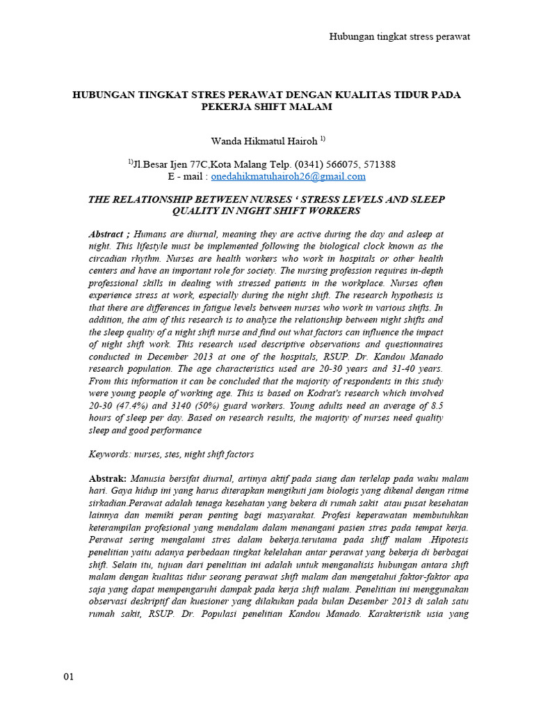 Hubungan Tingkat Stres Perawat Dengan Kualitas Tidur Pada Pekerja Shift Malam 21.49 | PDF ...