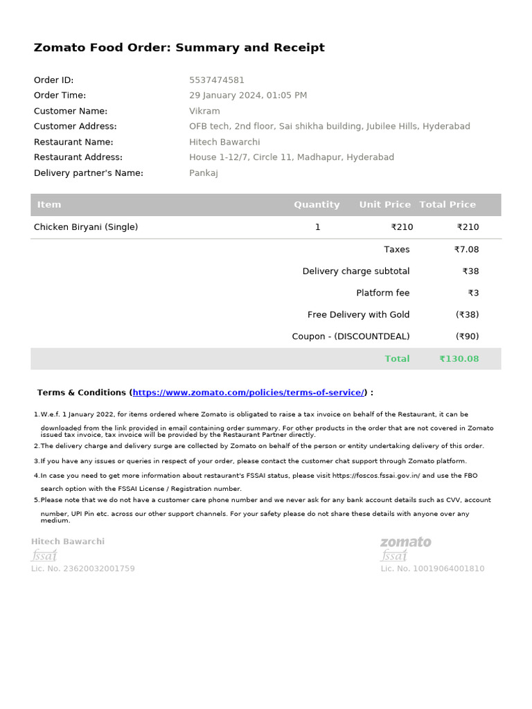 Zomato Order Receipt for Vikram | PDF