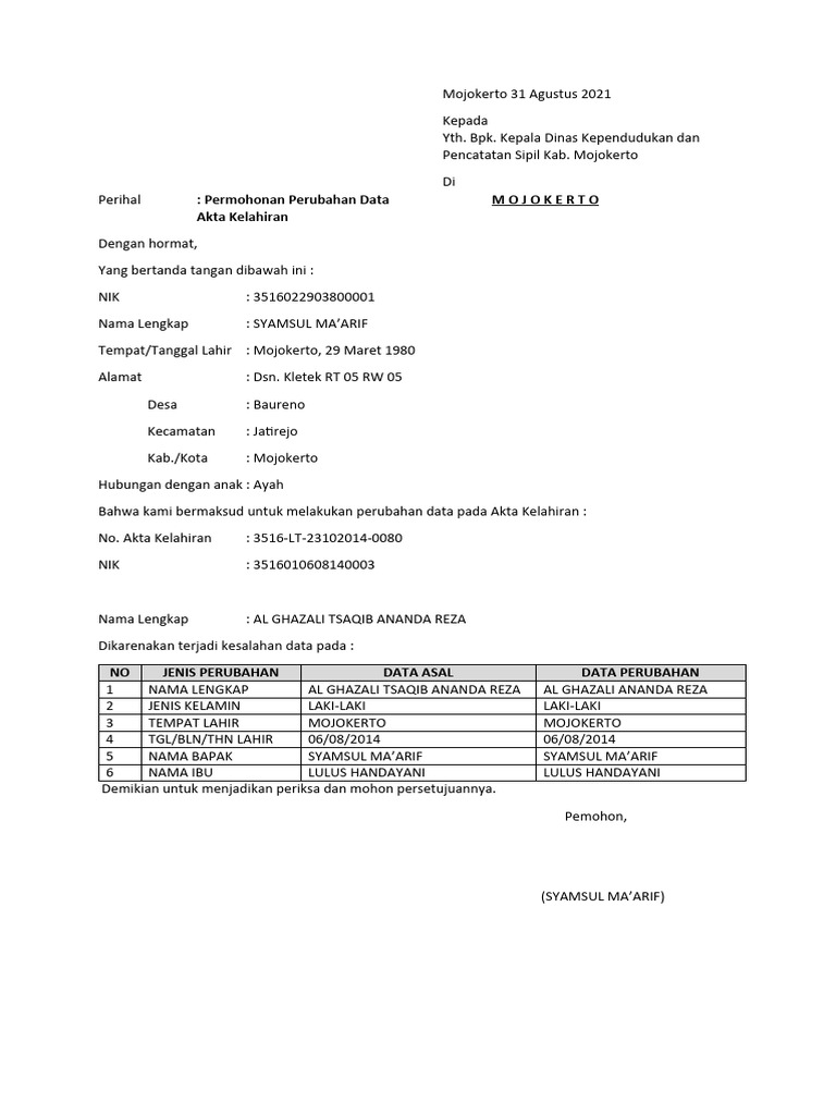 Permohonan Perubahan Data Akta Kelahiran | PDF