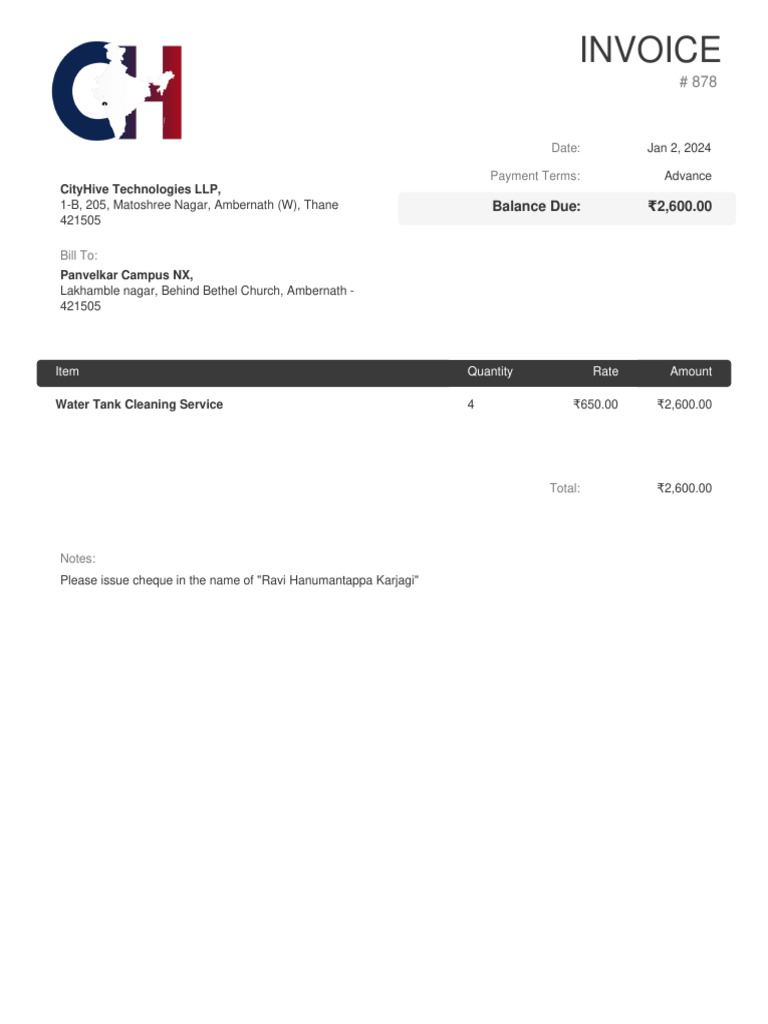 Invoice for Water Tank Cleaning Service | PDF
