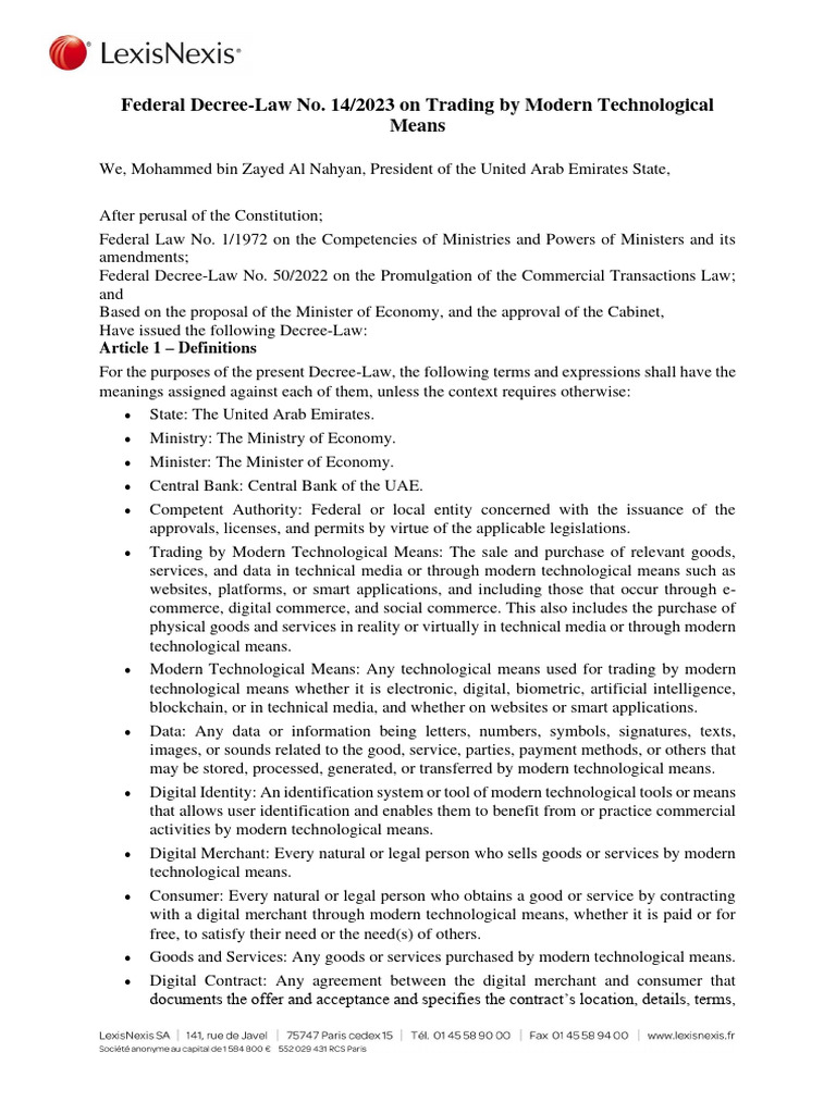 Federal Decree-Law No. 14 of 2023 On Trading by Modern Technological ...