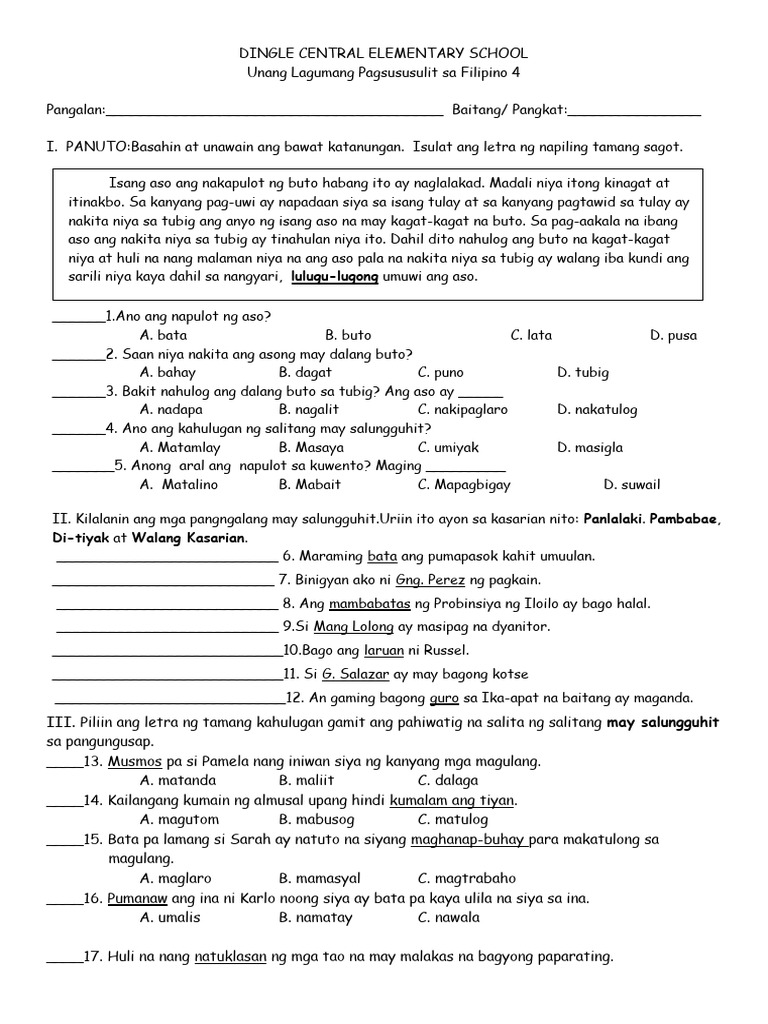 Filipino 4 Q1 1st Summative Test. | PDF