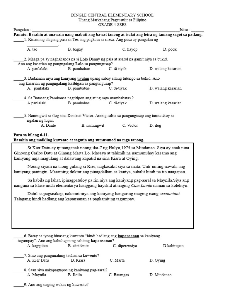 Q1 Filipino 4 - 1st Periodical Test | PDF
