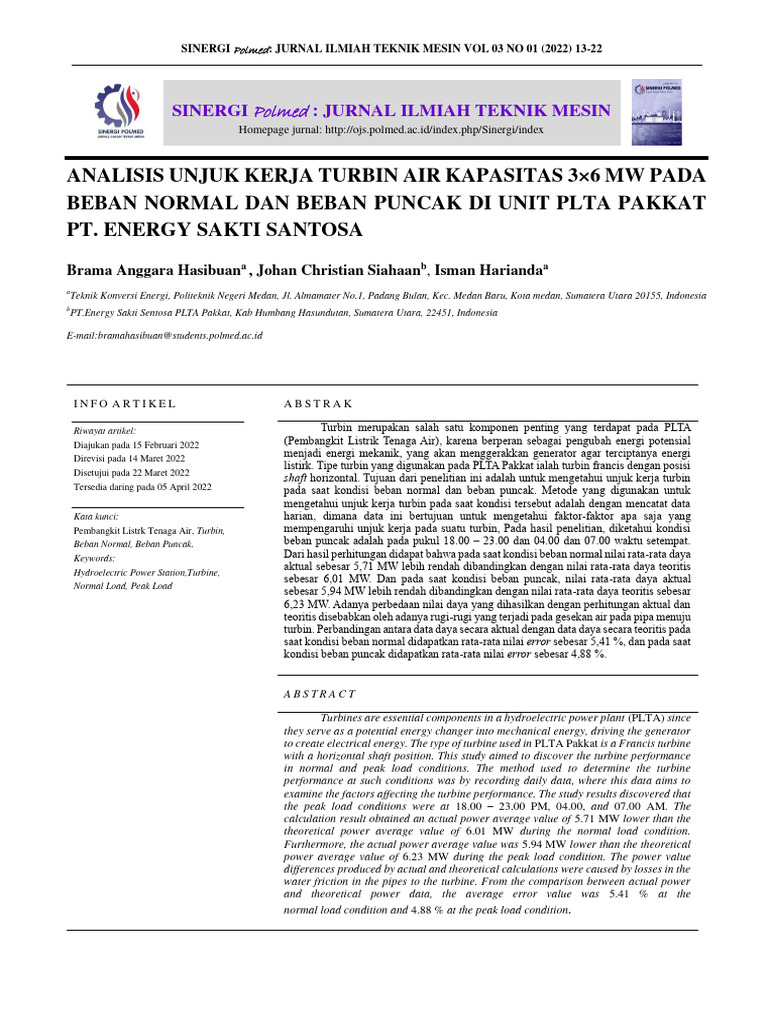 Analisis Unjuk Kerja Turbin Air Kapasitas 3×6 MW | PDF