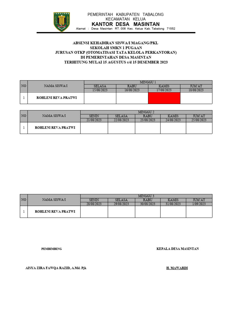 Absensi Kehadiran Anak Magang | PDF