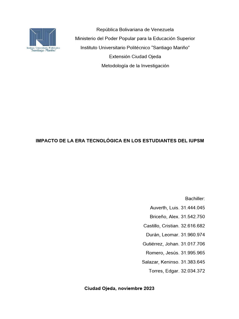 Impacto de La Era Tecnologica en Los Estudiantes Del IUPSM | PDF ...