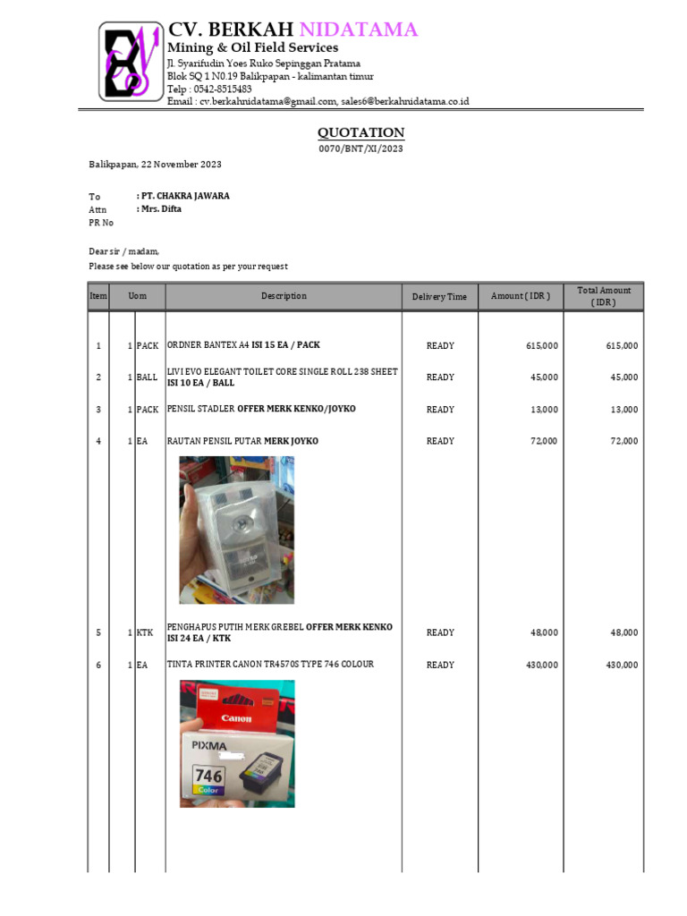 Quotation for Office Supplies | PDF