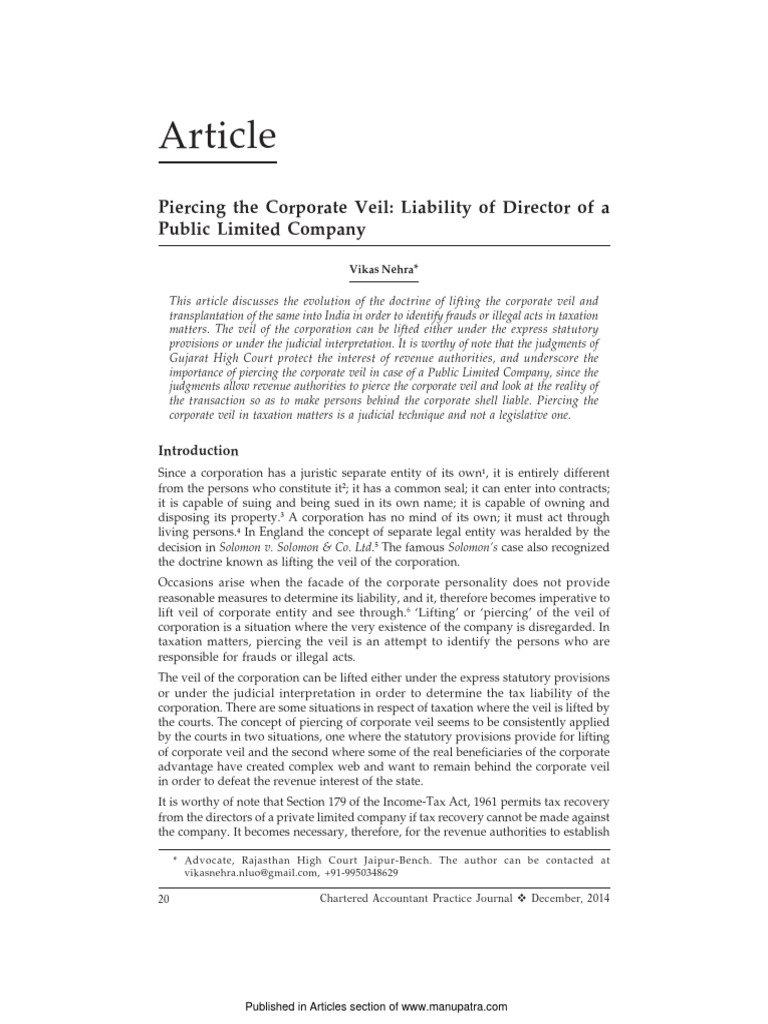 Article: Piercing The Corporate Veil: Liability of Director of A Public ...