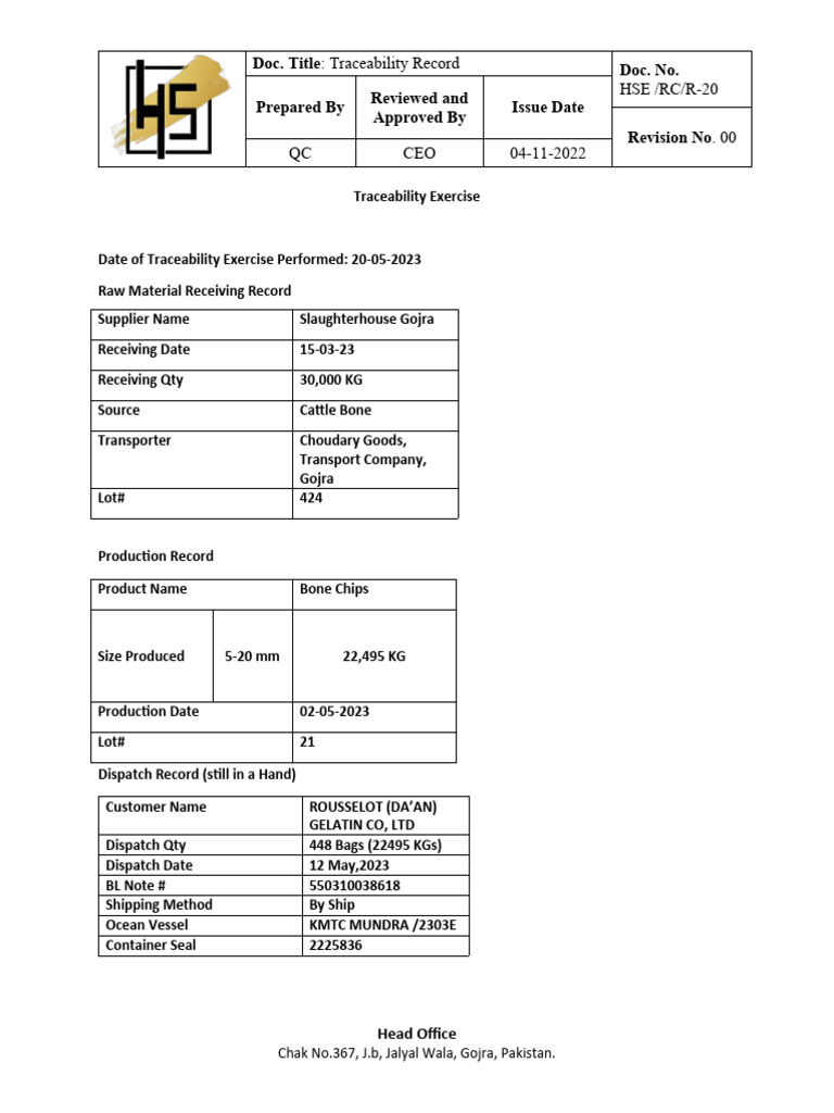 Traceability Exercise Record HSE | PDF