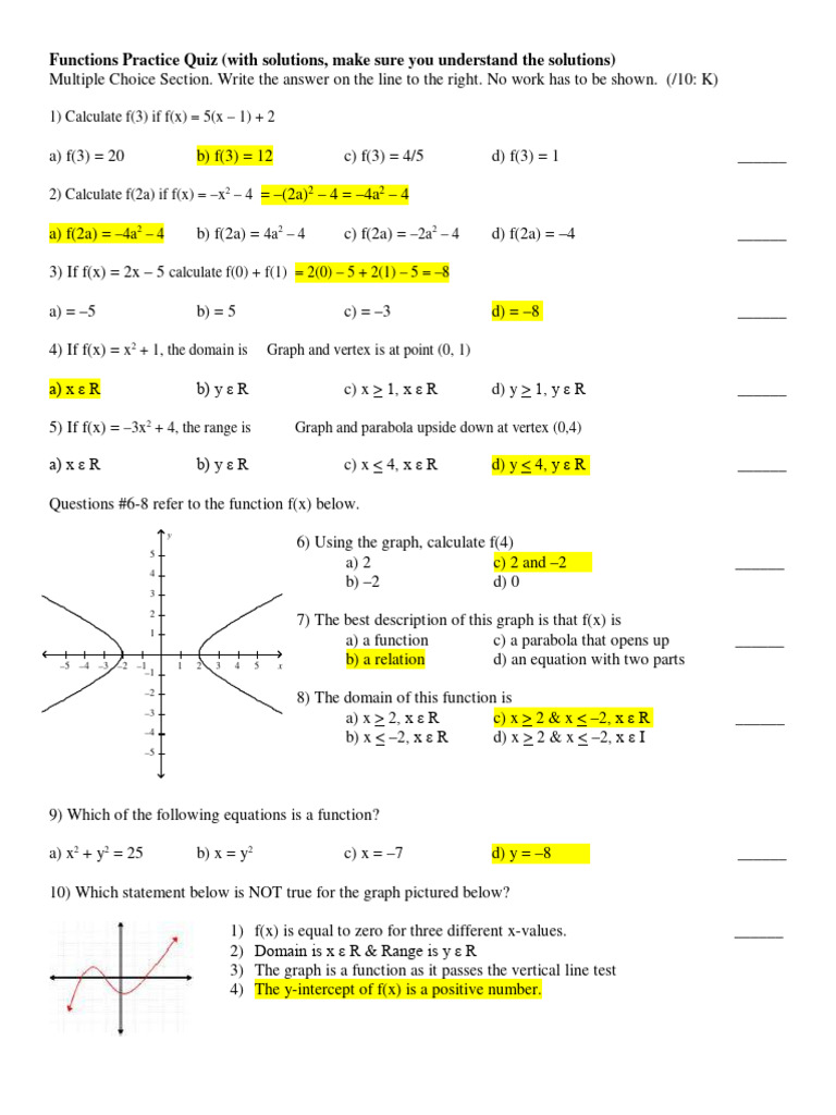 MCR3U Chp1 Practice Quiz With Solutions | PDF | Mathematical Analysis | Graph Theory