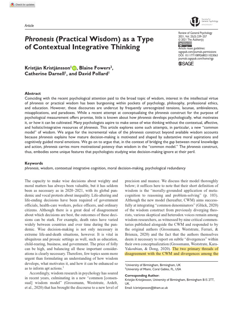 Phronesis (Practical Wisdom) As A Type of Contextual Integrative ...