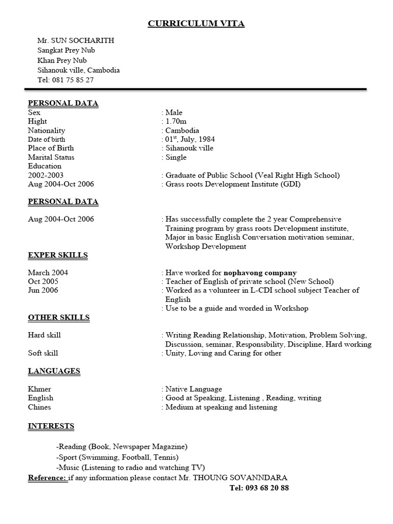 Curriculum Vita: Personal Data | PDF | Learning | Human Communication