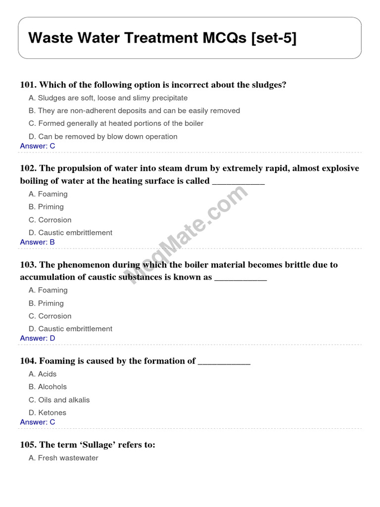 Wastewater Treatment MCQs Set 5 | PDF | Water | Sewage Treatment