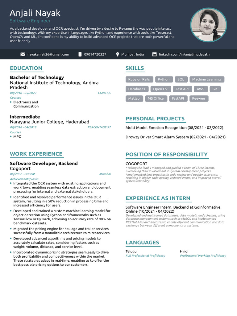 Anjali's Resume | PDF | Optical Character Recognition | Databases