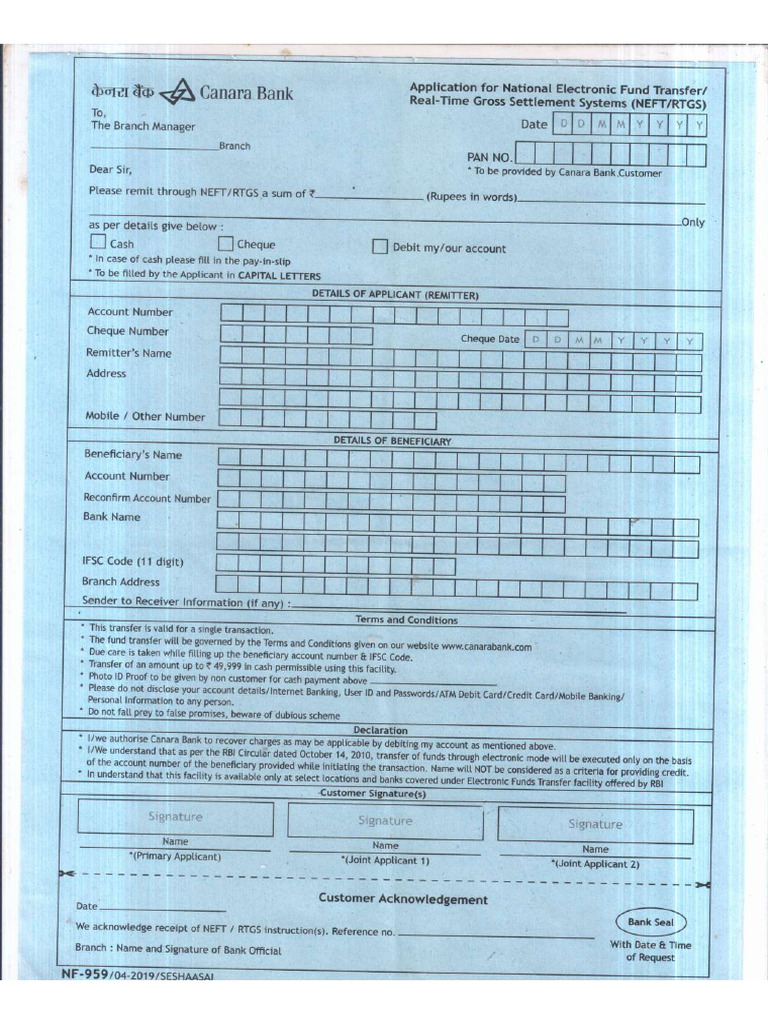 Canara Bank Rtgs Neft Form Latest English Pdf
