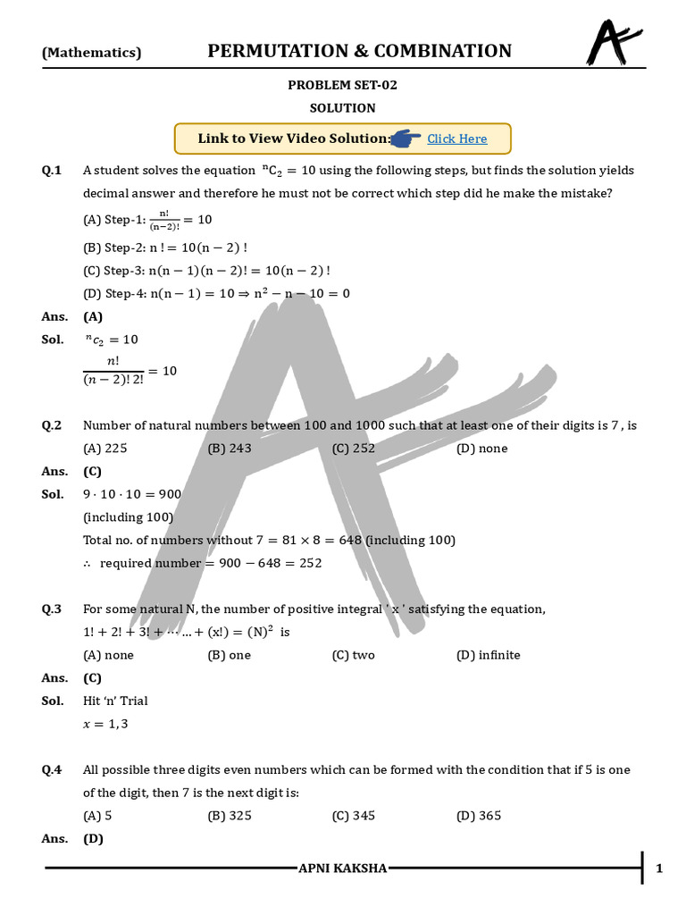 DPP - 02 (Video Solution) - Problem Set 01 - Permutation & Combination | PDF | Numbers | Equations