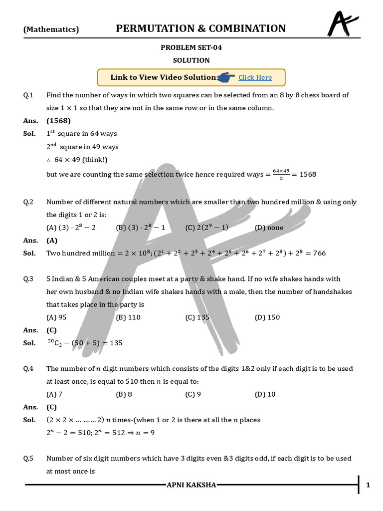 DPP - 04 (Video Solution) - Problem Set 01 - Permutation & Combination | PDF | Mathematical ...