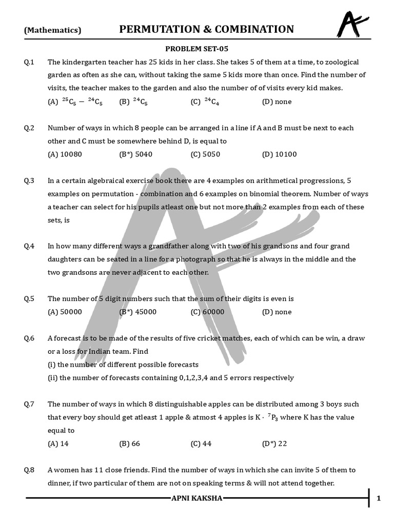 Permutation & Combination Problem Set | PDF | Mathematical Analysis | Mathematical Concepts