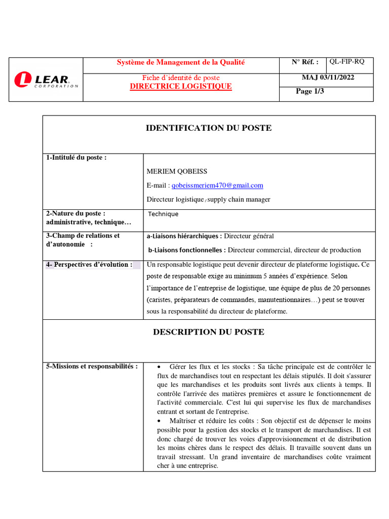 Fiche de poste : Directrice Logistique | PDF | Logistique | Progiciel ...