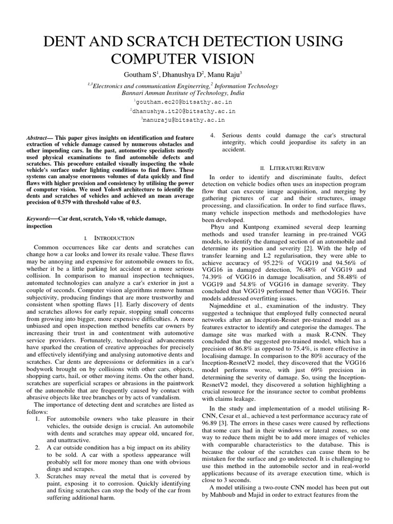 Dent and Scartch Detection Using Computer Vision | PDF | Computer Vision | Computing