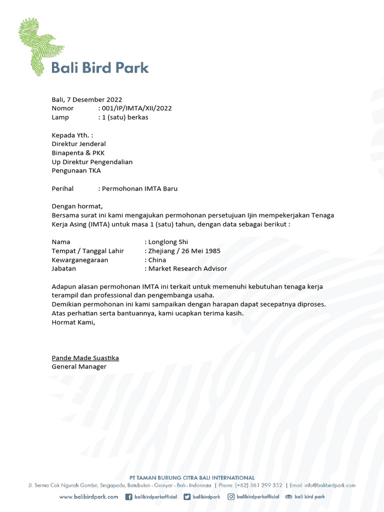 Surat Permohonan IMTA | PDF