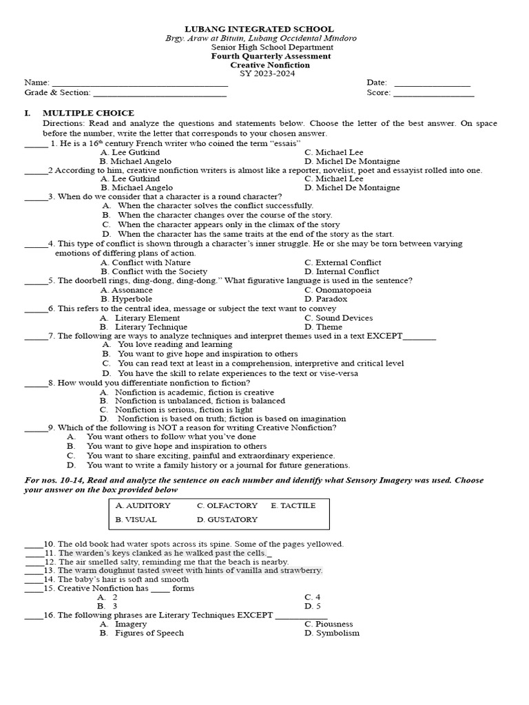 1st Quarterly Assessment CNF 23 | PDF | Senses