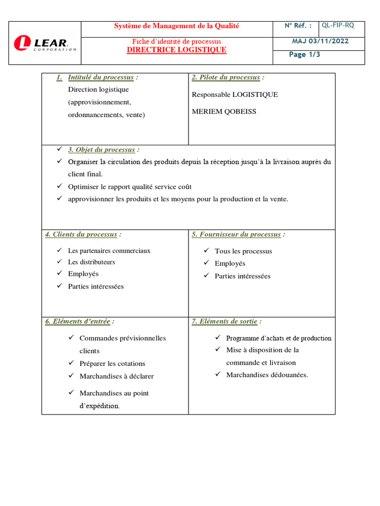 Fiche de Processus de Logistique | PDF
