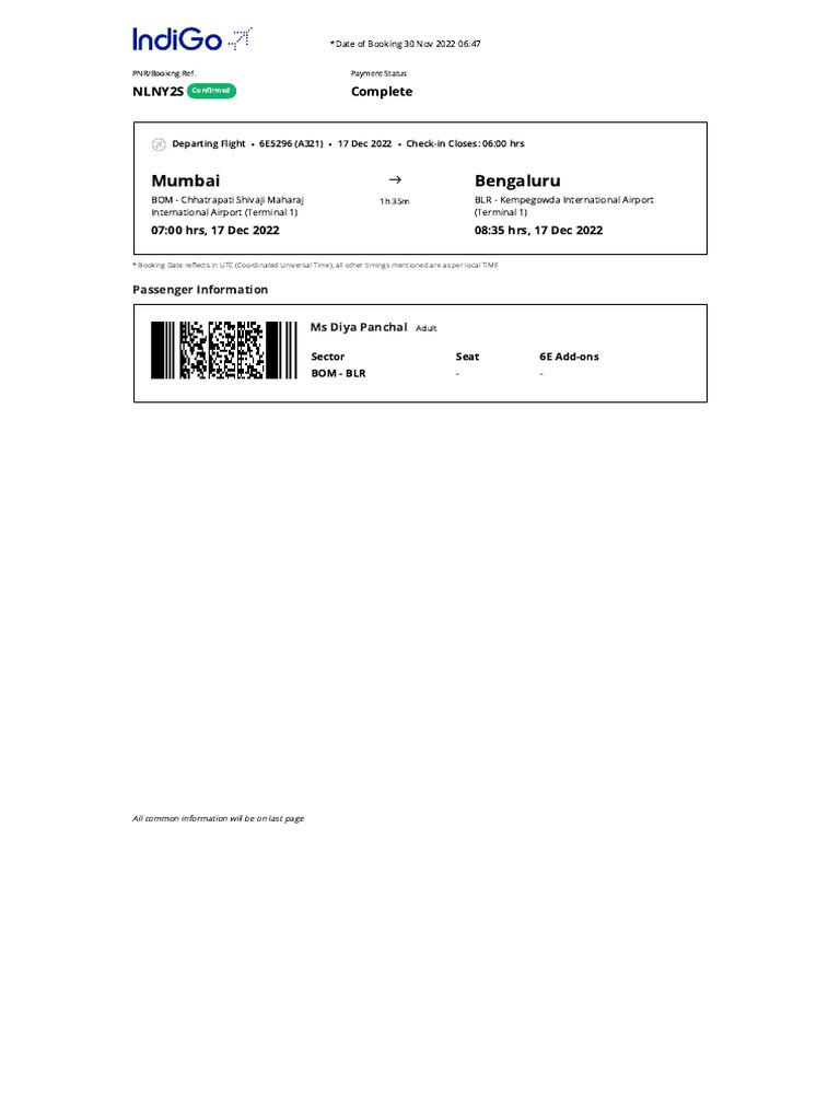 Mumbai Banglore Ticket | PDF