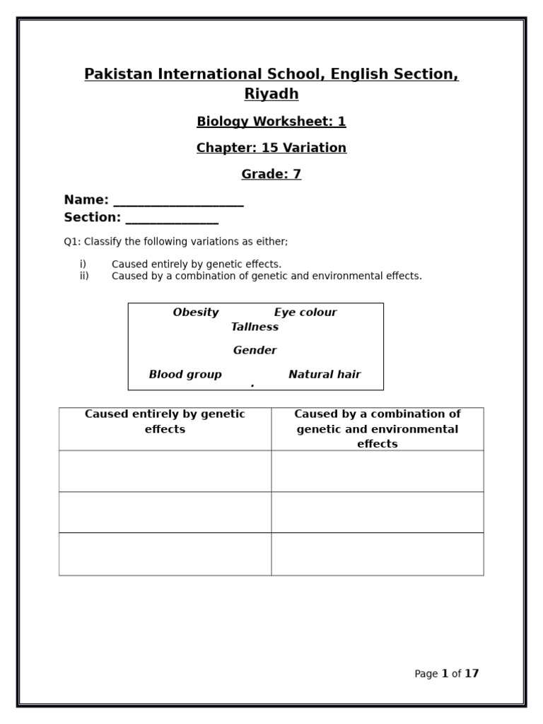 Grade 7 Biology: Variation Worksheet | PDF | Organisms