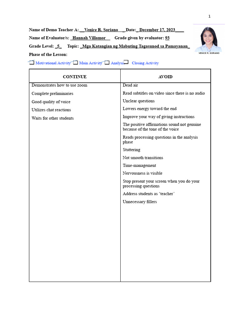 form-3-ta-soriano-tb-dimatatac-continue-and-avoid-form | PDF | Human Communication | Learning