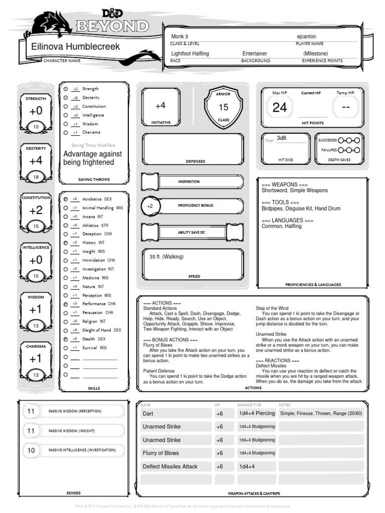 Eilinova Character Sheet | PDF | Role Playing Games