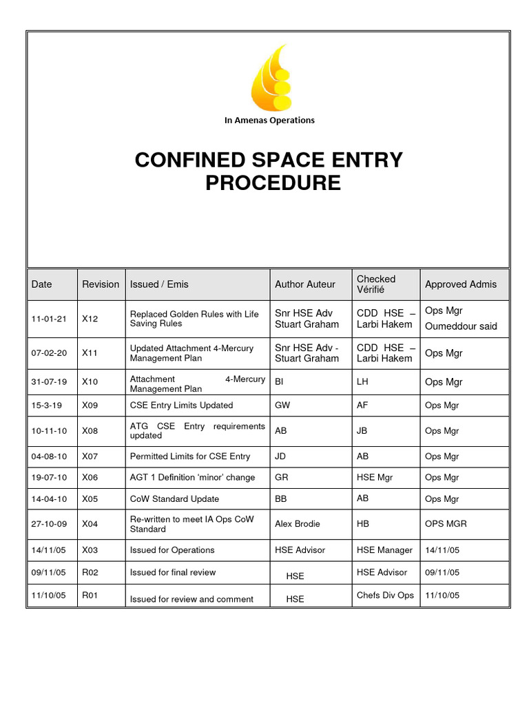 Confined Space Entry Procedure: in Amenas Operations | PDF | Chemistry ...