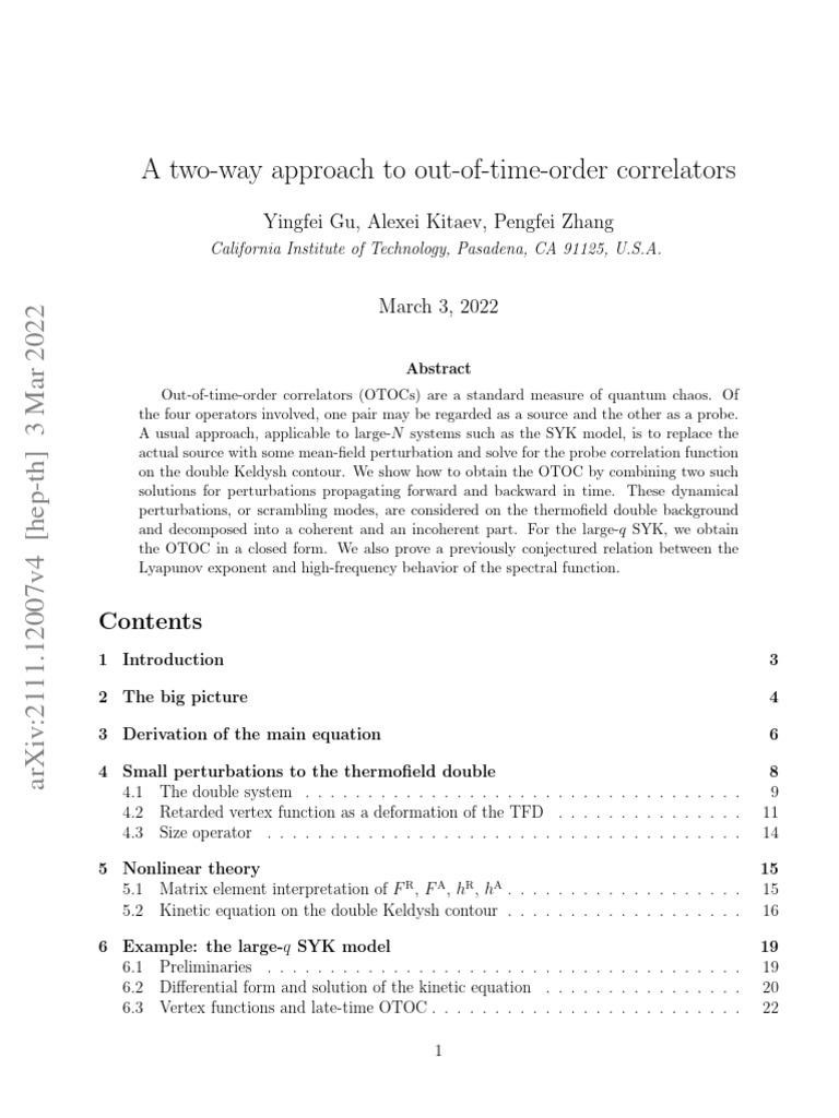 Gu, Kitaev, Zhang - A Two Way Approach To OTOCs | PDF | Black Hole ...