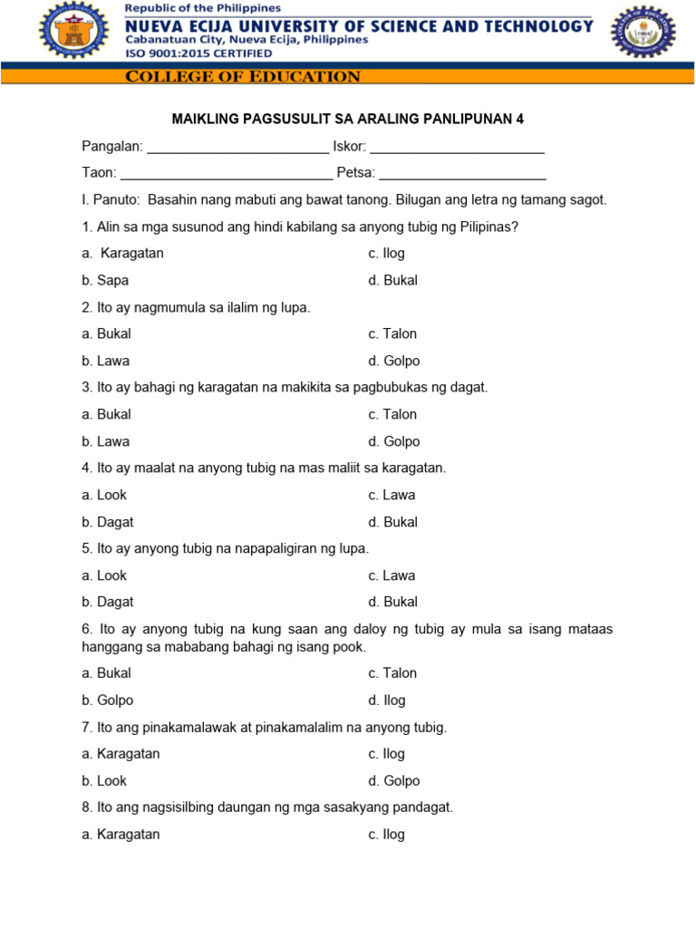 Maikling Pagsusulit Sa Araling Panlipunan 4 | PDF