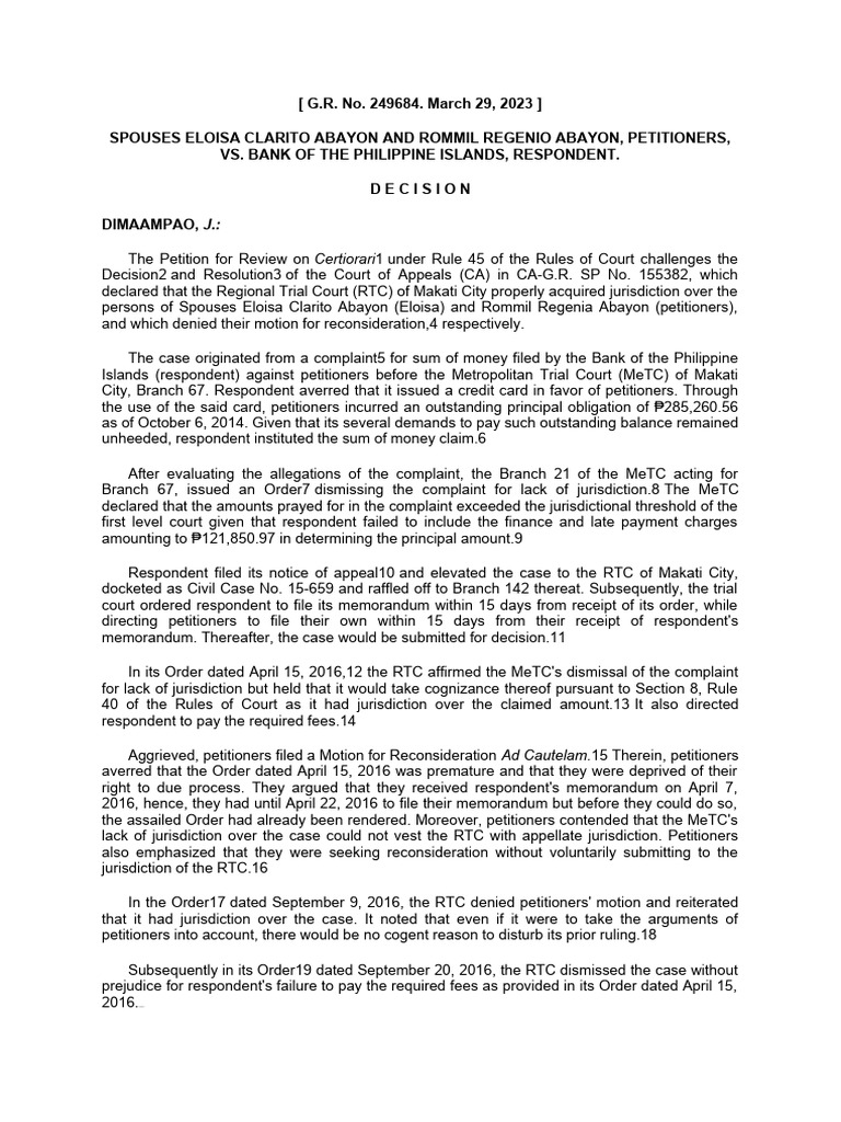 Abayon vs. BPI: Jurisdiction Dispute | PDF | Lawsuit | Complaint